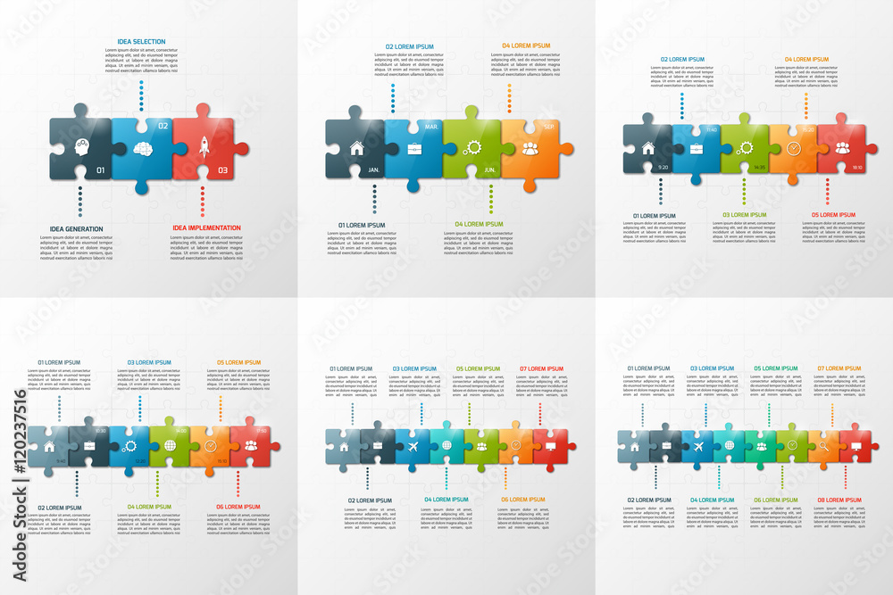 Set of vector puzzle style timeline infographic templates with of 3-8 ...