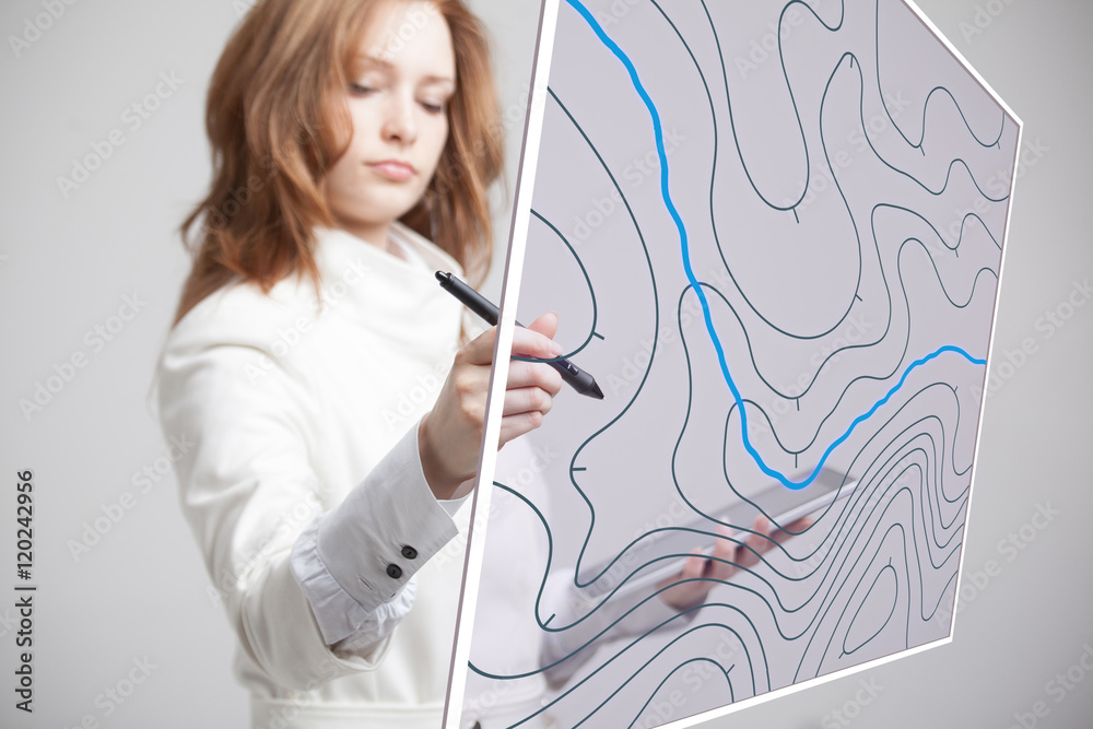 Geographic information systems concept, woman scientist working with ...