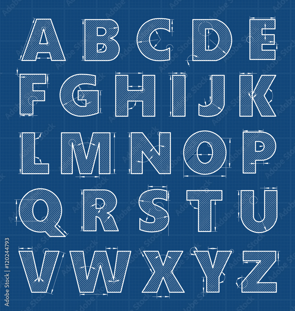 Alphabet in style of a technical drawing Stock Vector | Adobe Stock