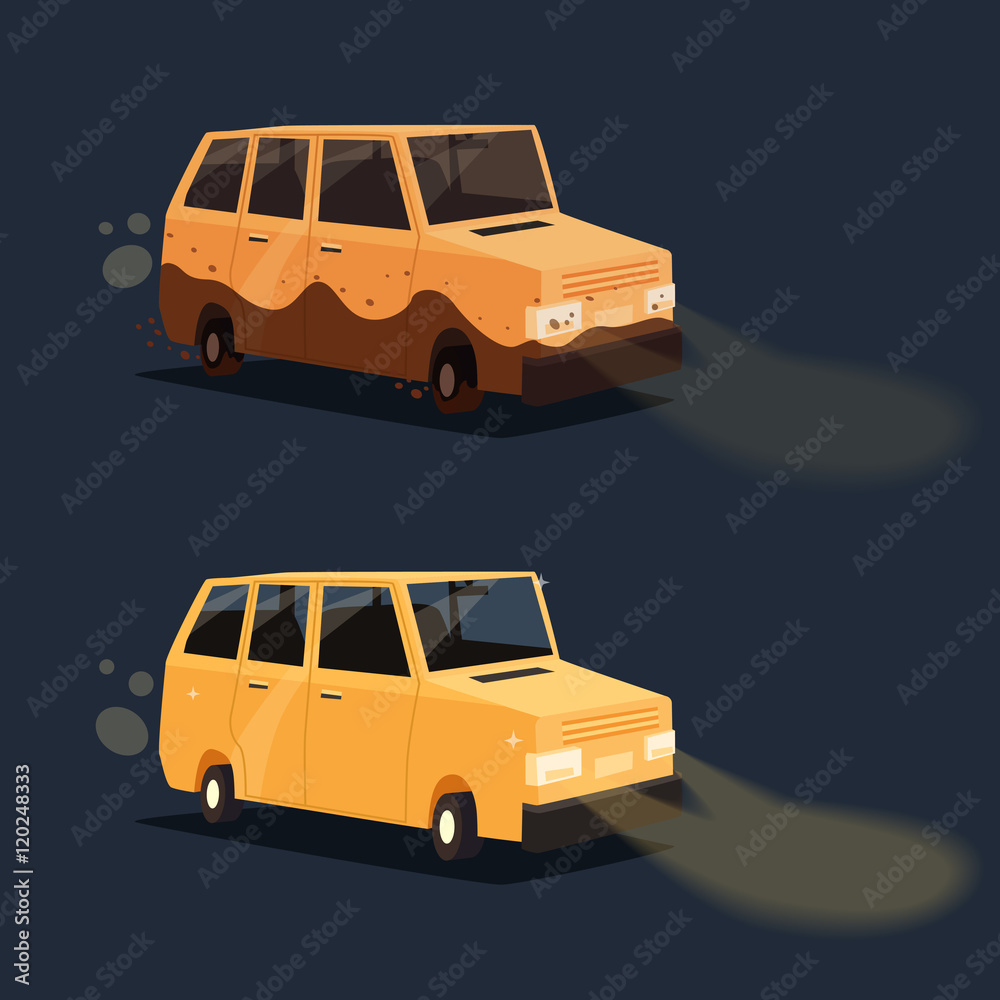 Dirty and clean car. American automobile. Cartoon vector illustration ...
