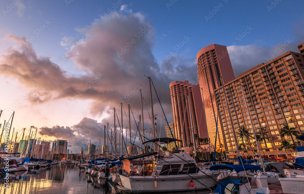 Spectacular landscape of boats and yachts docked at the Ala Wai Harbor ...