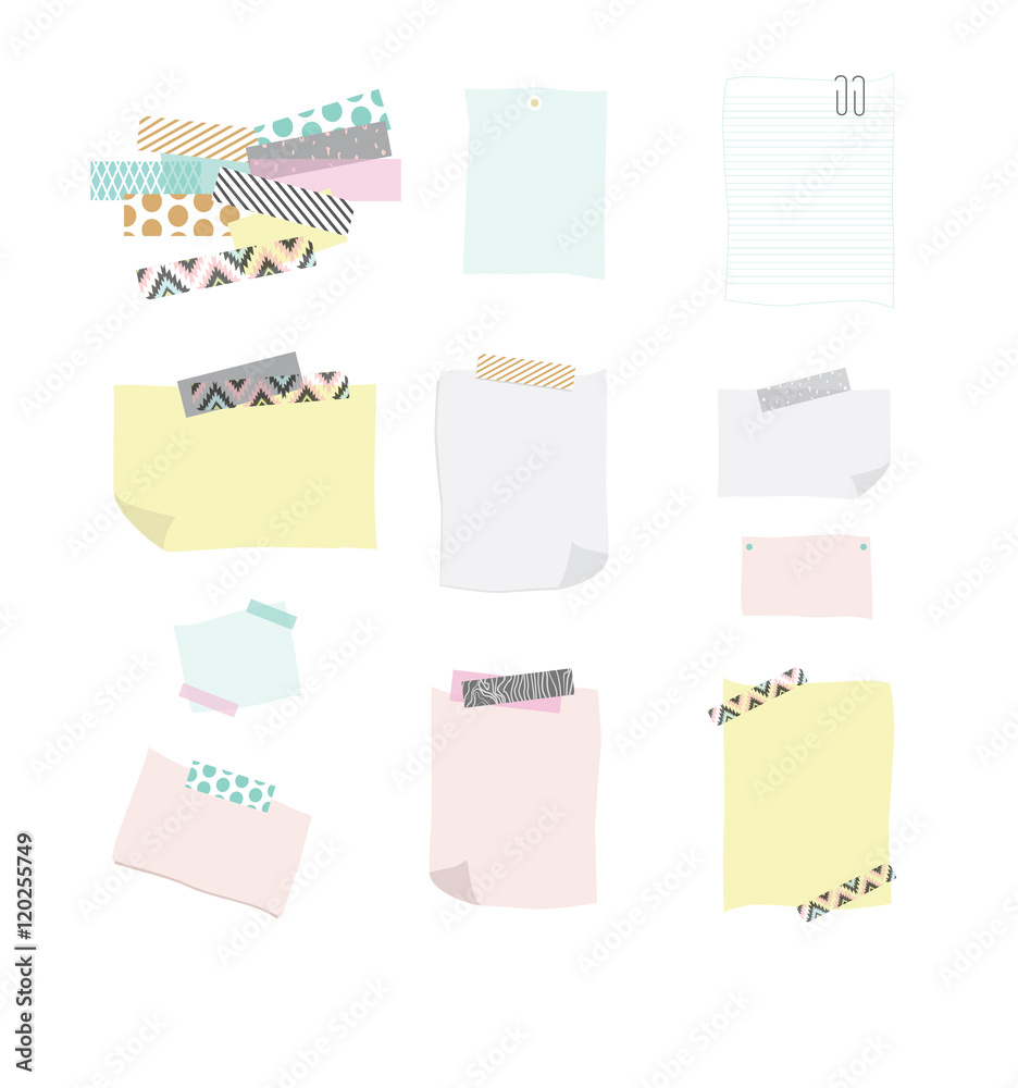 set of multicolor note paper, stickers and pins. Vector blank reminder ...