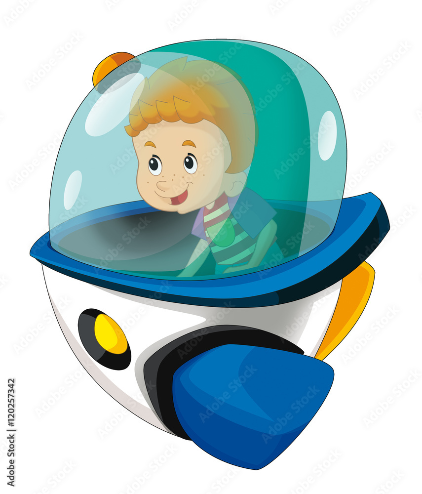 Cartoon scene with boy flying in the space ship - isolated ...