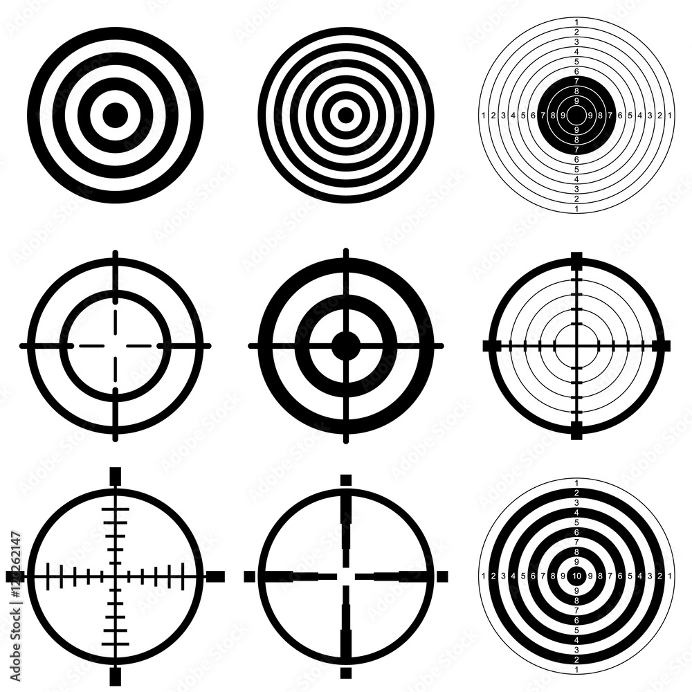 Sniper scope and shooting target icons. Set of nine black vector ...