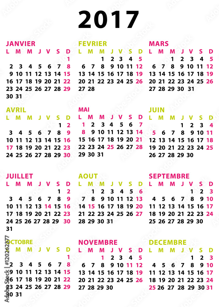 Calendrier 2017 annuel en français avec jours fériés. Stock Vector ...