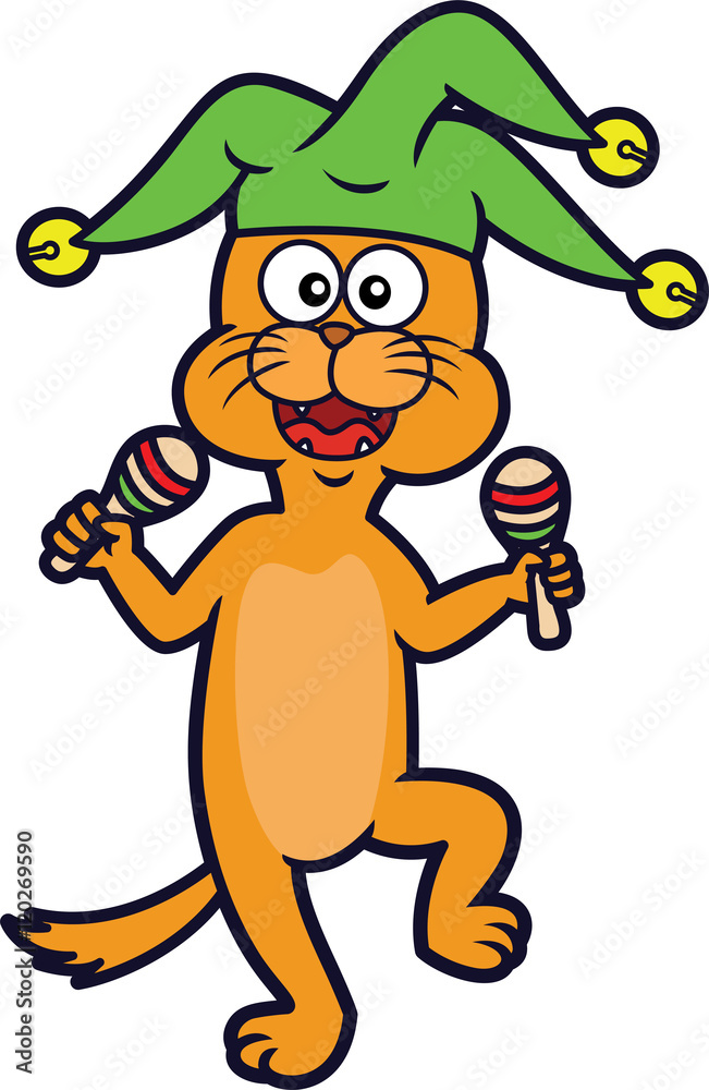 Cat in Jester Hat Dancing While Holding Maracas Cartoon Illustration ...