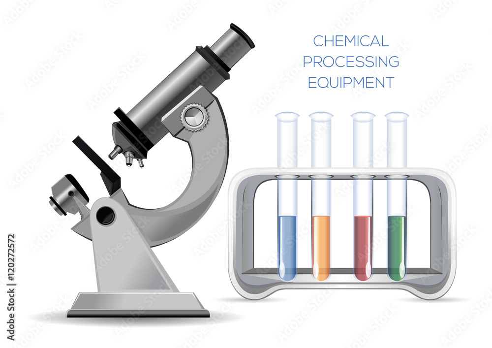 Set of laboratory equipment - microscope and test tubes with a colored ...