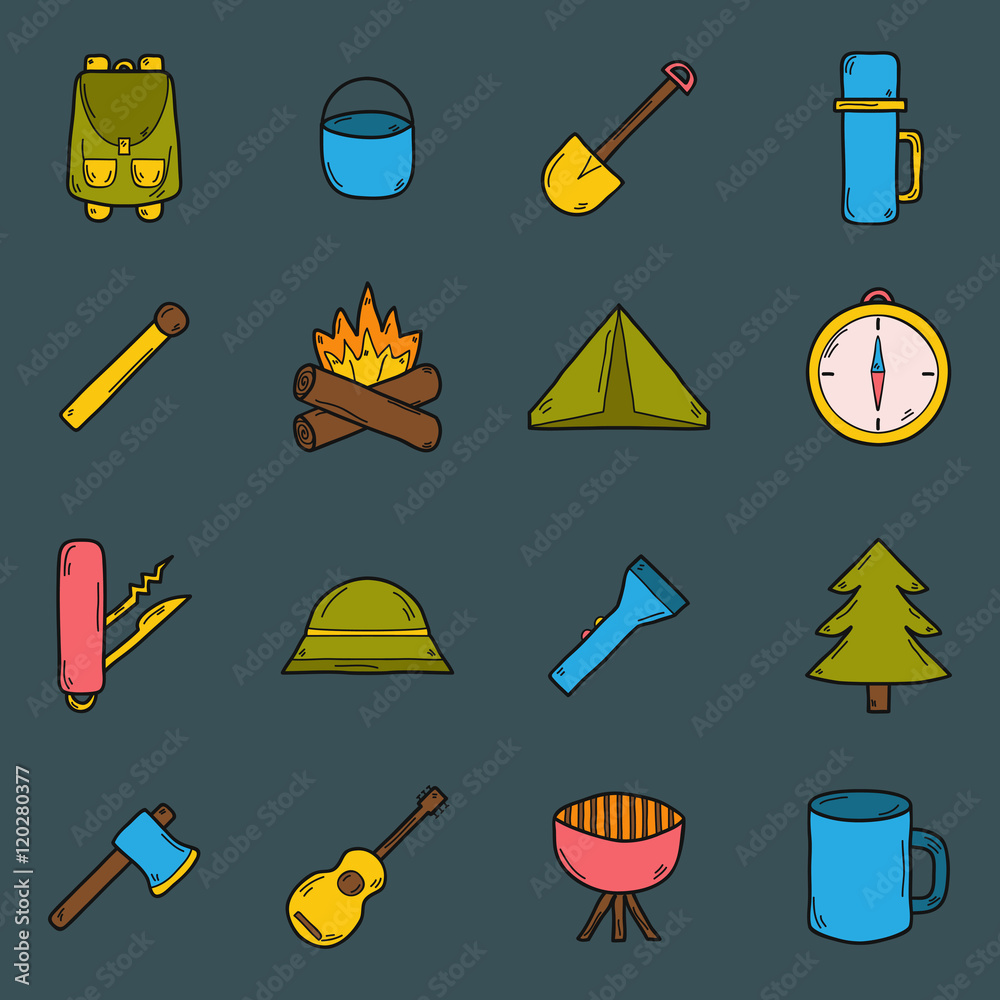 Vector cartoon hand drawn camping icons Stock Vector | Adobe Stock