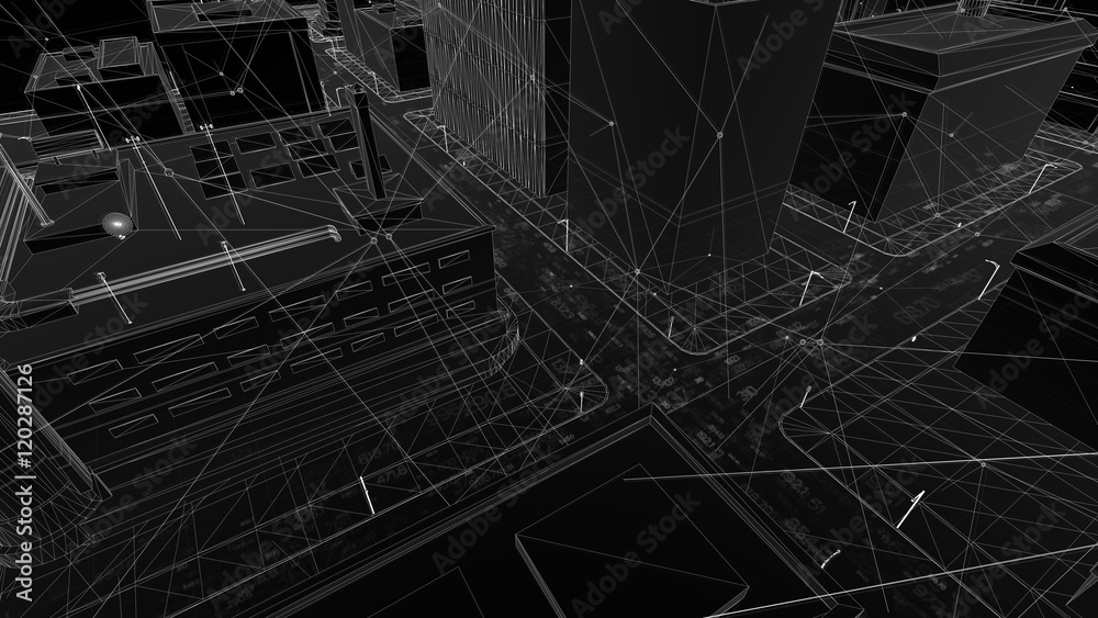 Abstract 3d city rendering with lines and digital elements ...