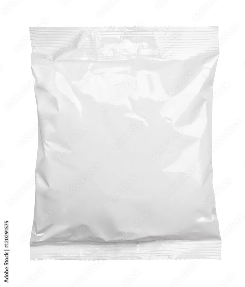 Top view of blank plastic pouch food packaging isolated on white with ...