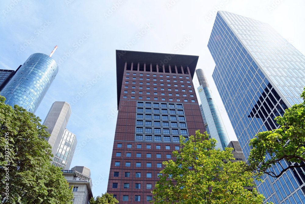Germany, Frankfurt am Main, highrise buidlings, left to right - Main ...