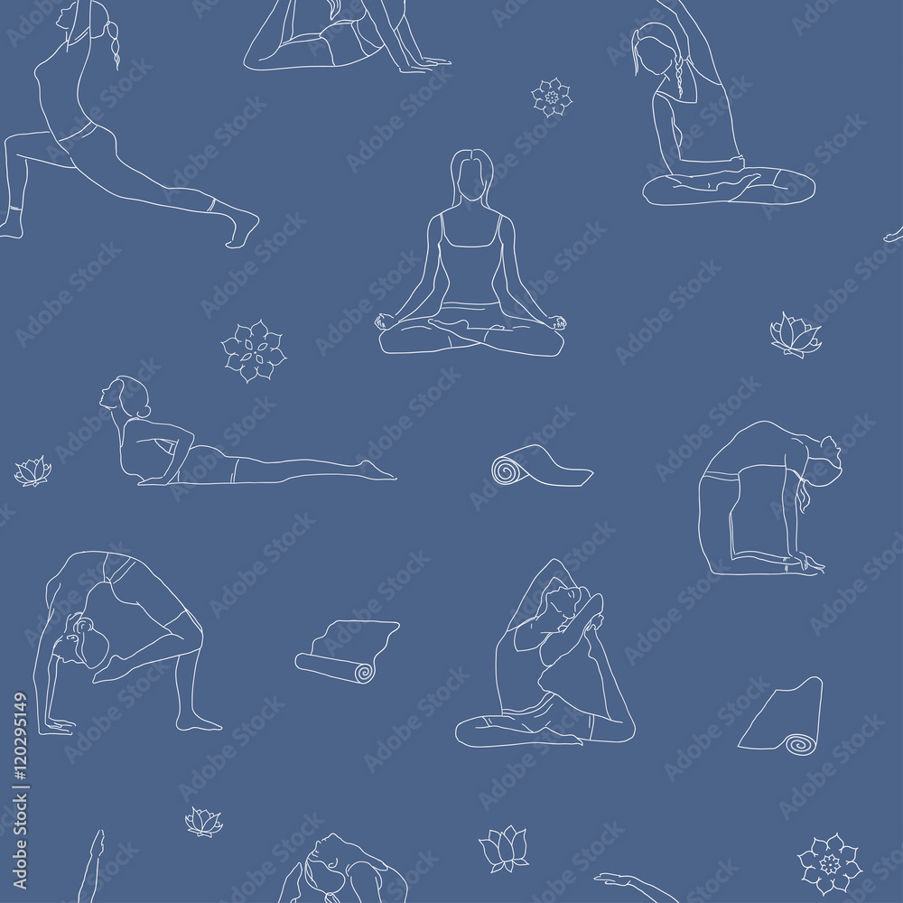 Outline yoga poses pattern. Background postures line illustration blue ...