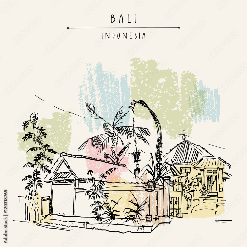 Street in Jimbaran, Bali, Indonesia, Asia. Traditional Balinese house ...