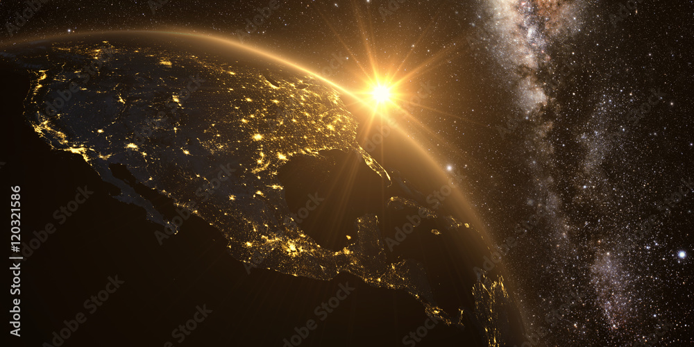 Yellow sunrise, sunburst, future earth seen froom space, yellow glow ...