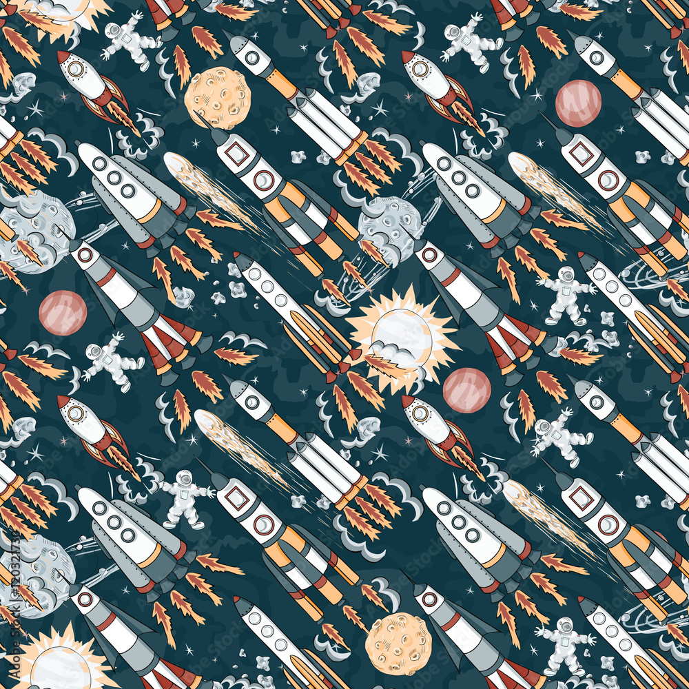 hand drawn cartoon space seamless pattern. vector kids illustration ...