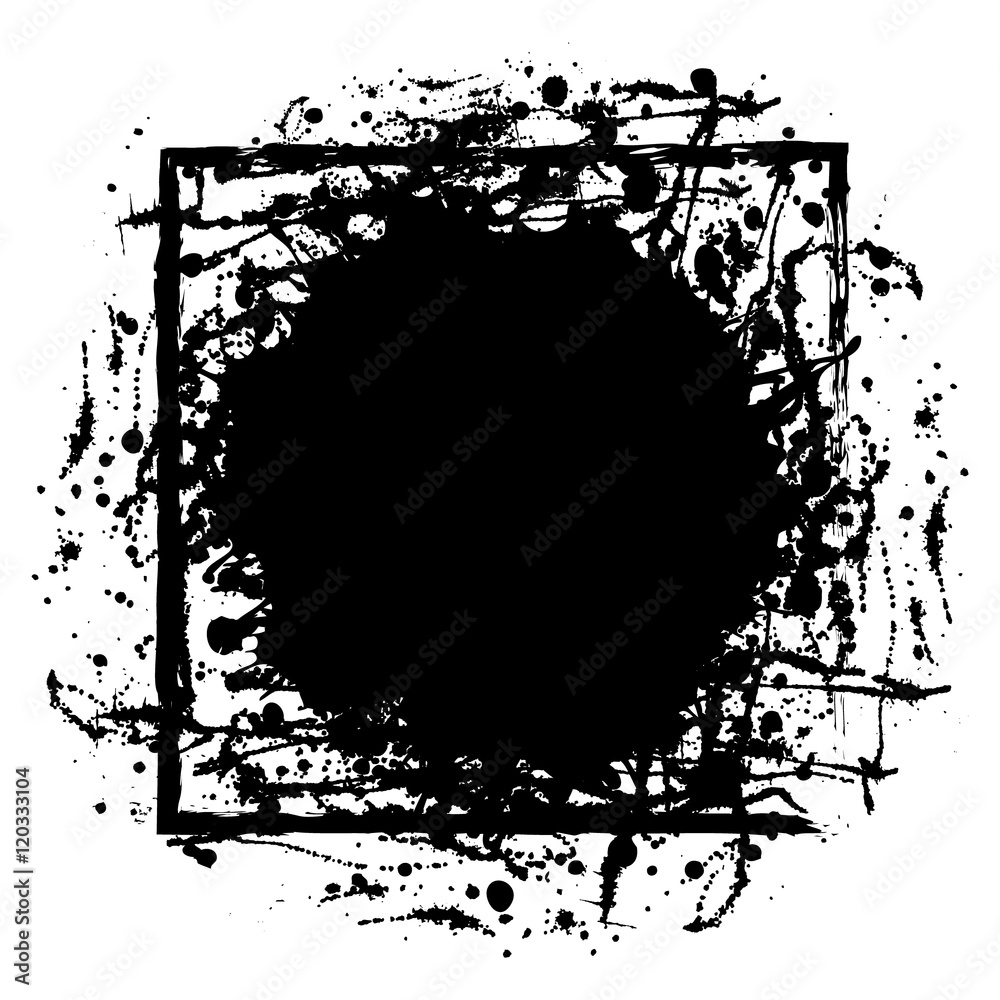 Vector black ink blot with brush strokes and square frame with space ...