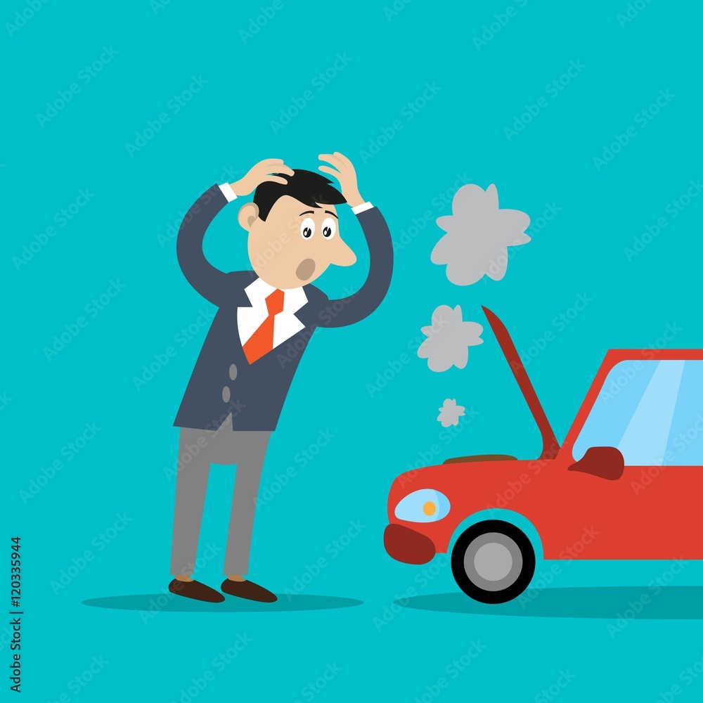 the problem of the businessman, the car broke down. vector illustration ...