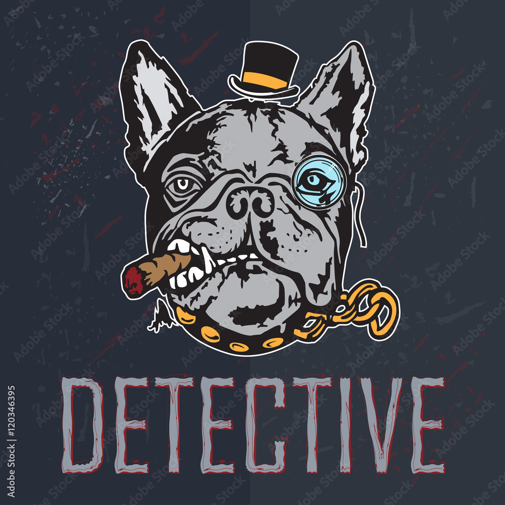 Detective, French Bulldog portrait in a hat and with monocle and cigar ...