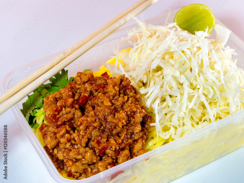 Spaghetti with sauce / Take home food in plastic packaging Stock Photo ...