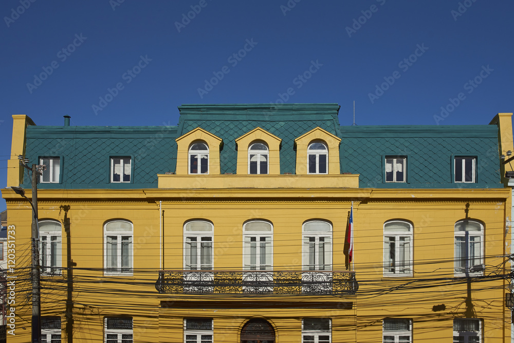 Historic colonial style building in the main square of Punta Arenas in ...