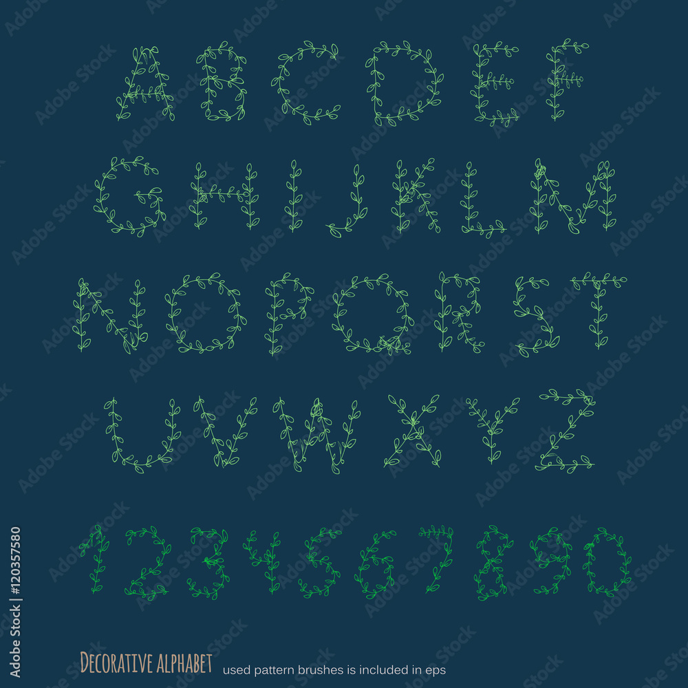 Decorative floral alphabet. Scribble floral wood alphabet. Ornamental ...