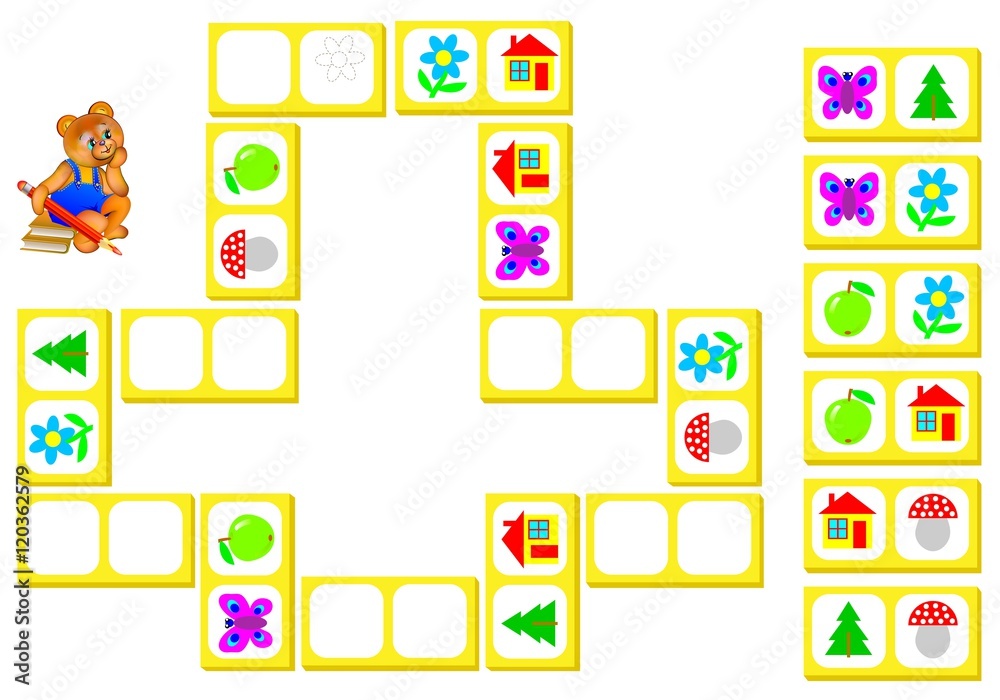 Logic puzzle for children. Draw the pictures from remaining dominoes at ...