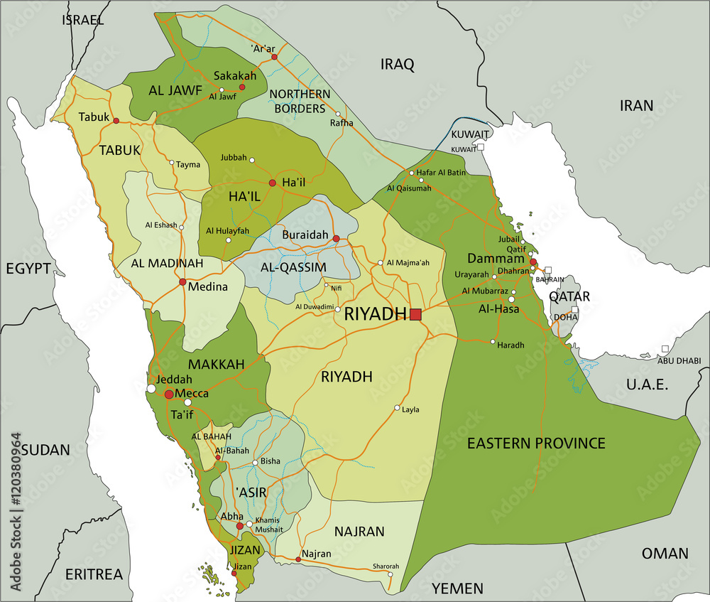 Highly detailed editable political map with separated layers. Saudi ...