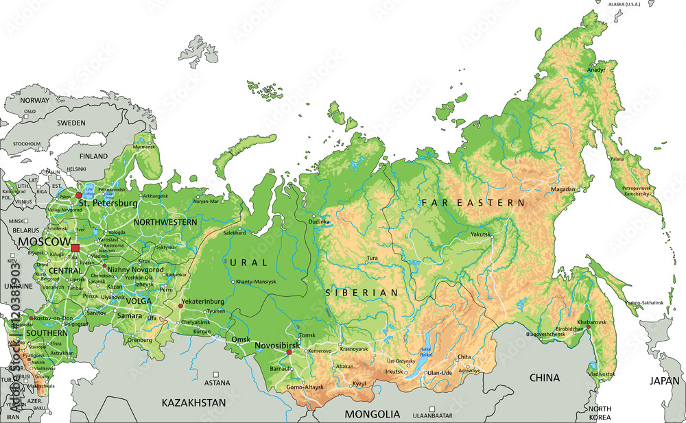 High detailed Russia physical map with labeling. 素材庫向量圖 | Adobe Stock