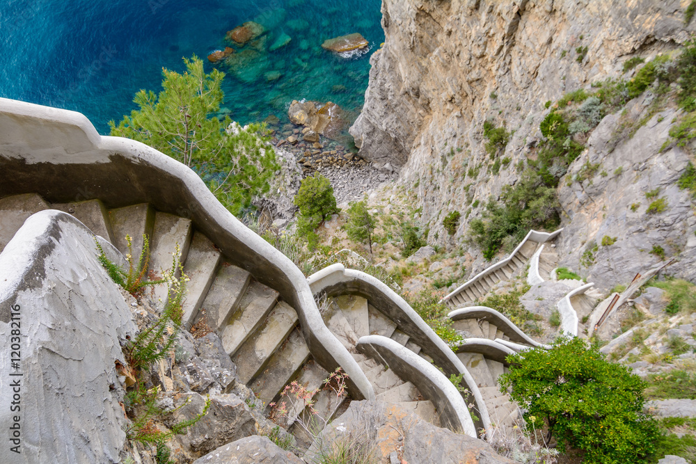 Horizontal view over high stairs in Amalfi Coast in Italy. Lying Stock ...