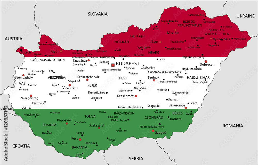 Hungary highly detailed political map with national flag isolated on ...
