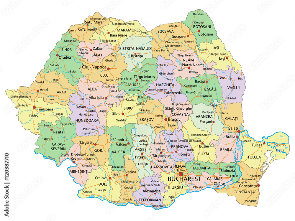 Romania - Highly detailed editable political map with labeling. Stock ...
