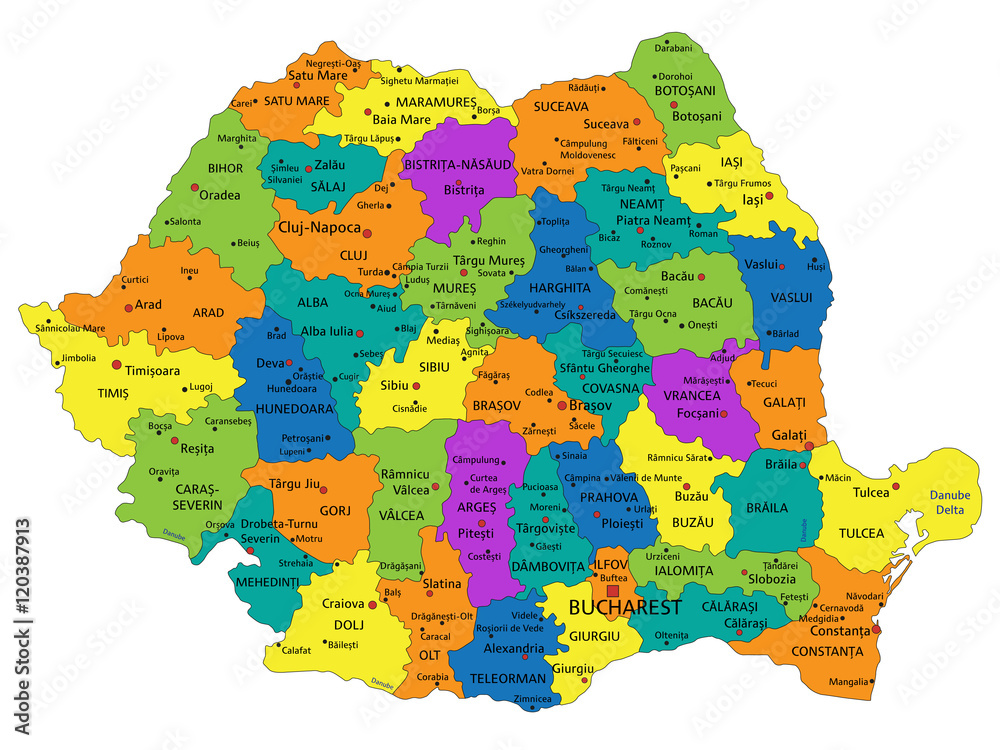 Colorful Romania political map with clearly labeled, separated layers ...