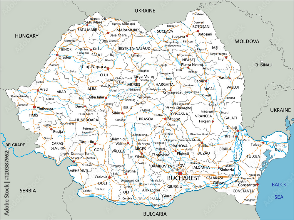 High detailed Romania road map with labeling. Stock Vector | Adobe Stock