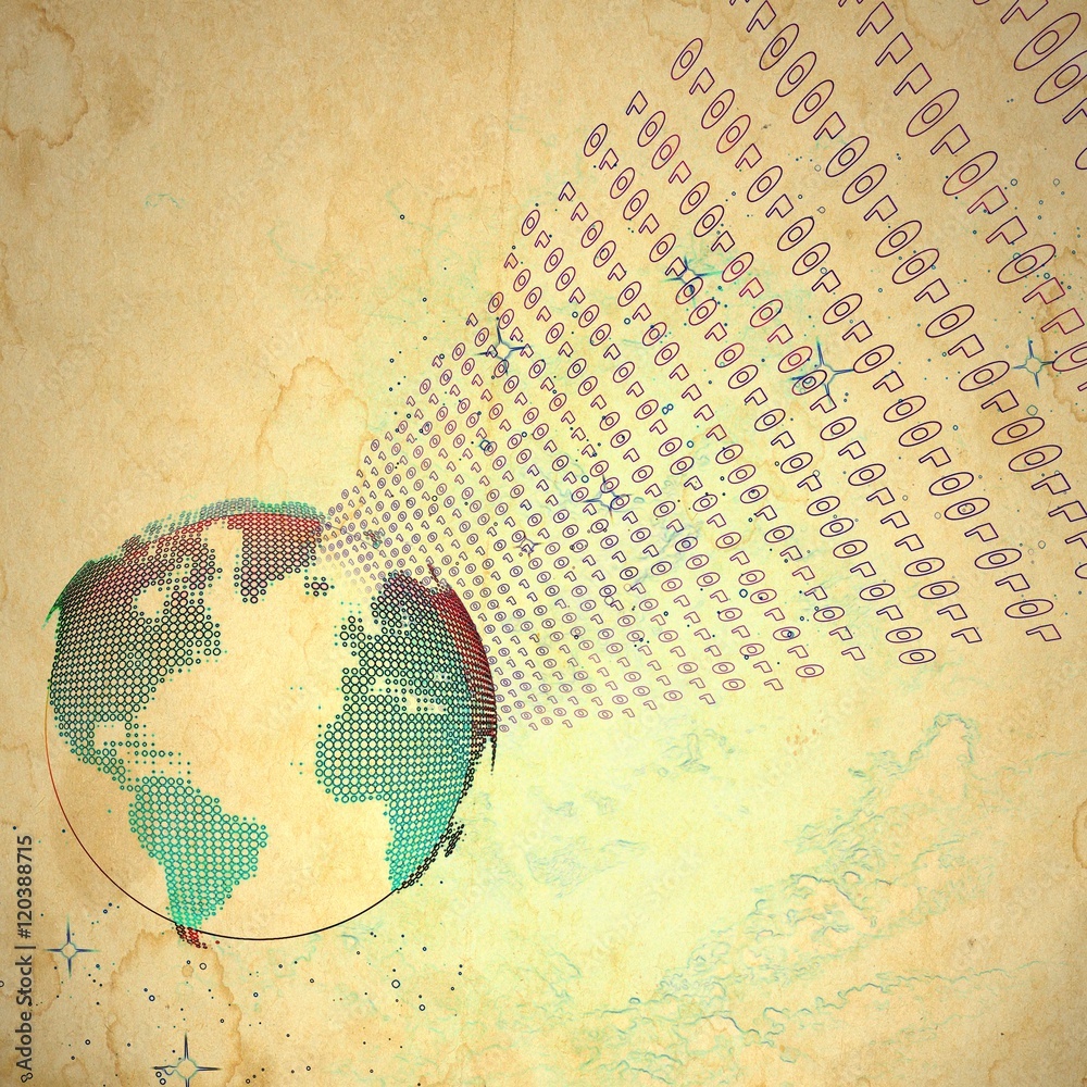 Technology background with world globe and binary code on stained paper ...