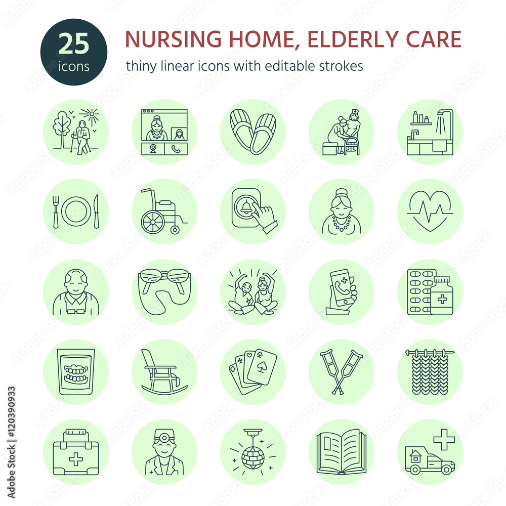 Modern vector line icon of senior and elderly care. Nursing home ...