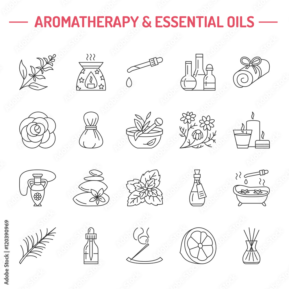Modern vector line icons of aromatherapy and essential oils. Elements ...