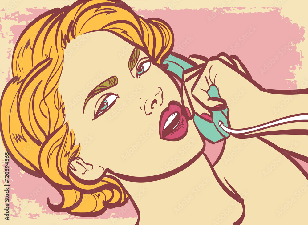 Vector colorful vintage art of very beautiful woman with phone, pin up ...
