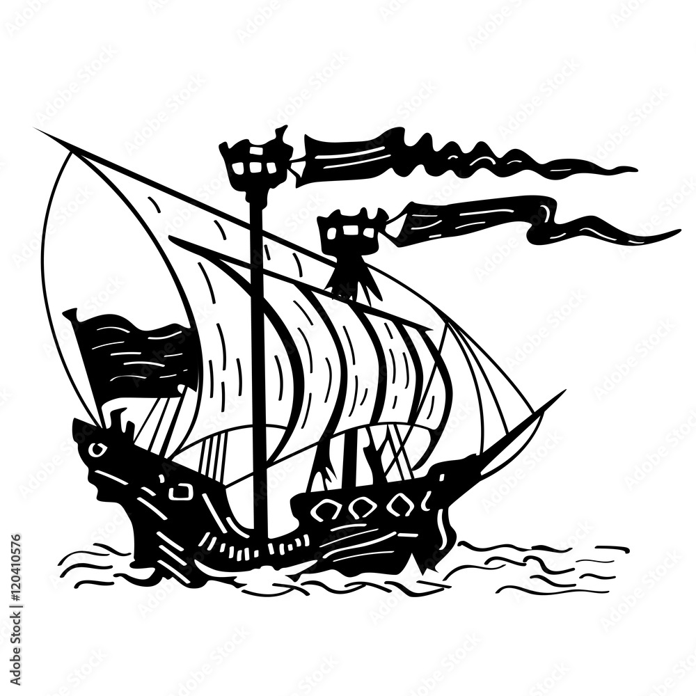 Black and white sketch of a sailing ship. Hand drawn illustration Stock ...