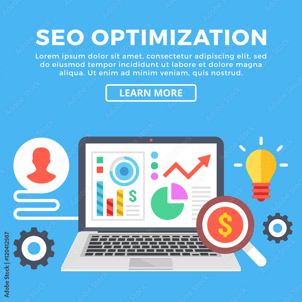 Seo optimization concept. Laptop with infographics on screen, magnifier ...