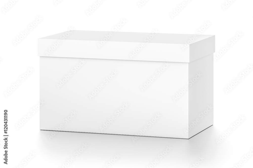White horizontal rectangle blank box with cover from top front far side ...