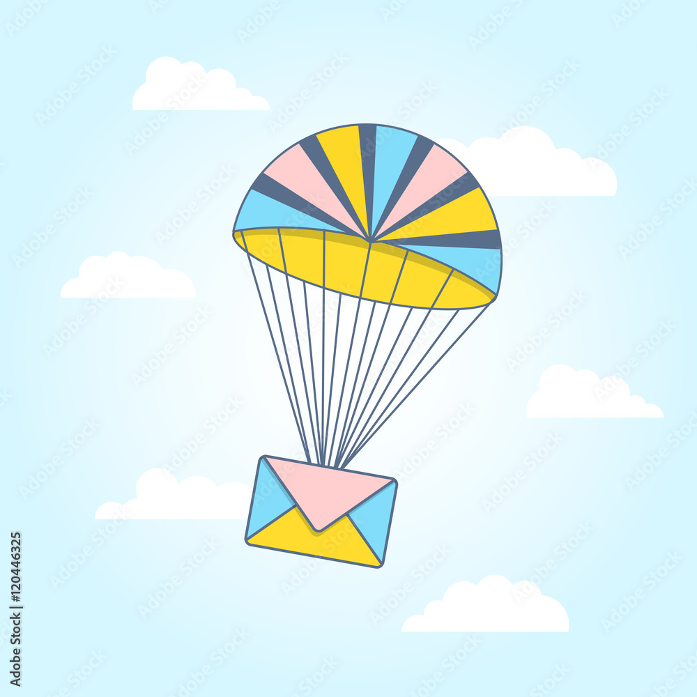 Cartoon flying mail on a parachute vector icon on sky and clouds ...