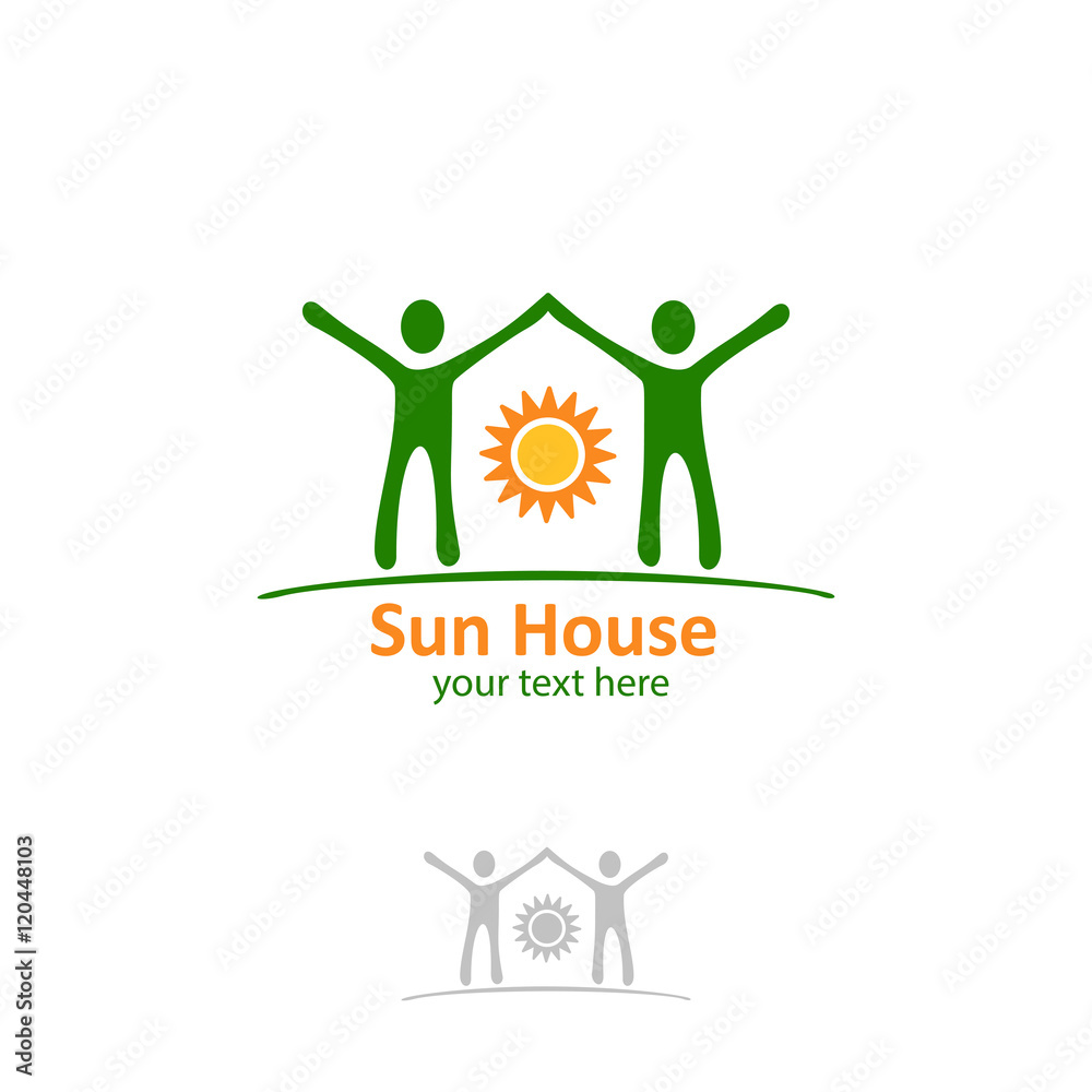 Sun house sign. Silhouette of the house, joyful people and sun vector ...