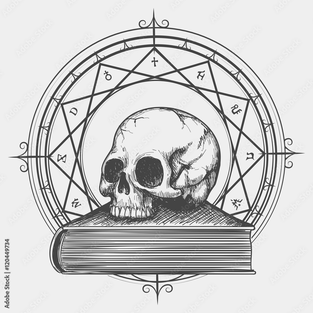 Magic book sketch. Esoteric concept of human skull on occult book hand ...
