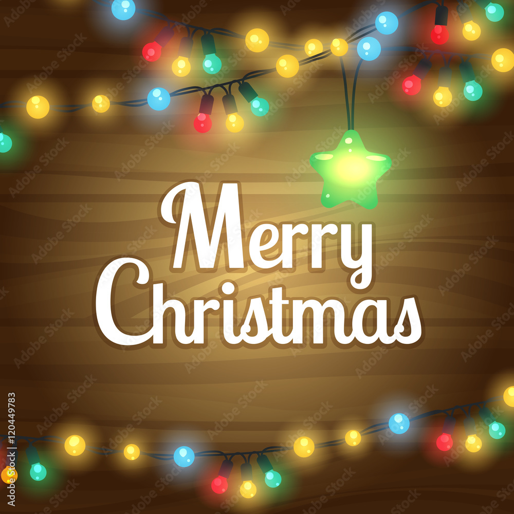 Christmas lights border frame text card on wooden background vector ...