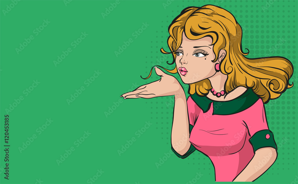 Beautiful woman blowing on palm hand. Retro Comic cartoon illustration ...