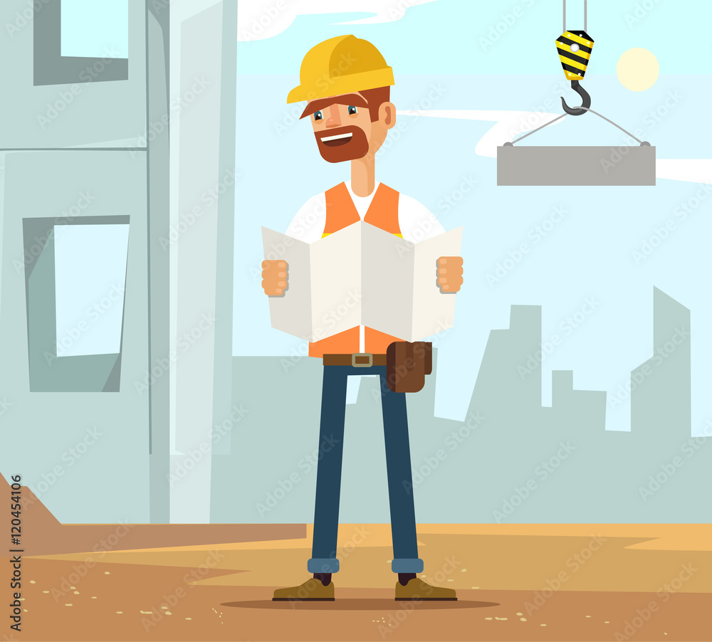 Builder man worker character on construction read plane. Vector flat ...