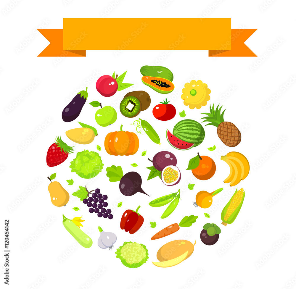 Fruits and vegetables set in a round shape with a space for text and ...