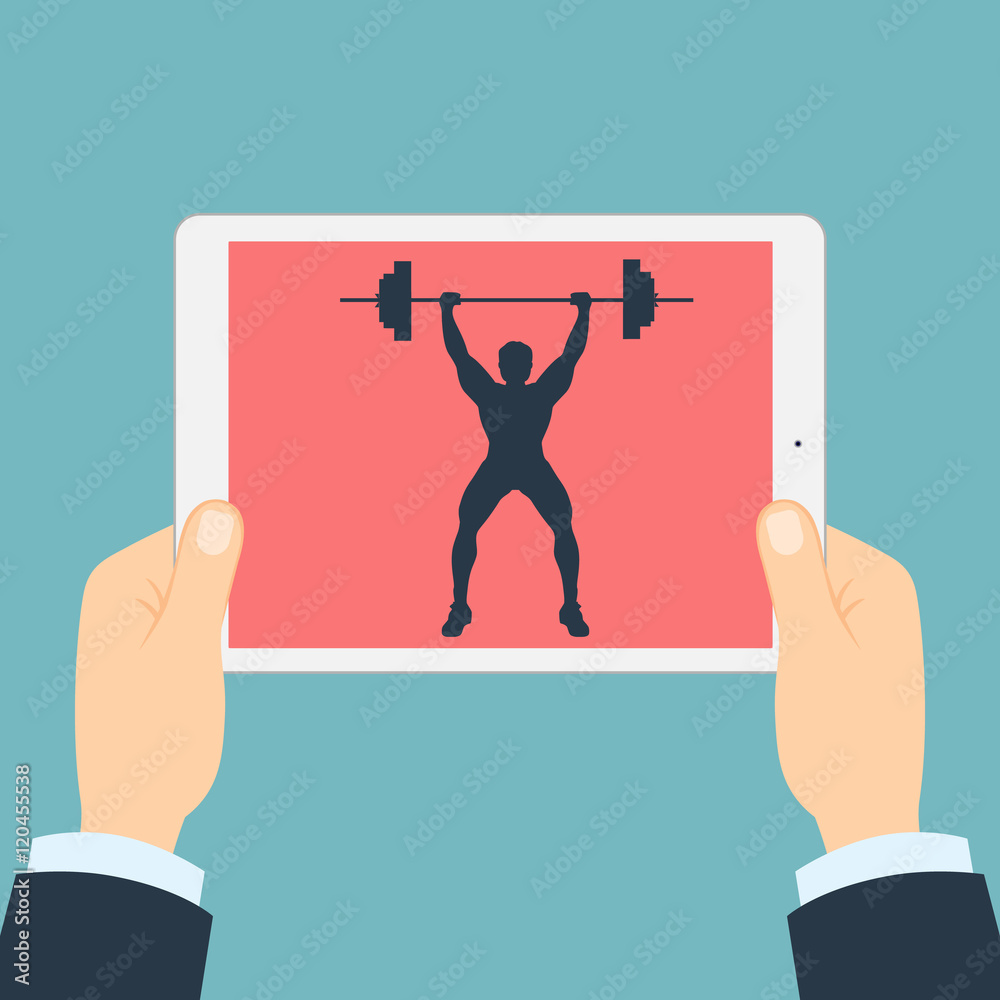 Fitness app for tablet. Weightlifter with barbell. Hands holding tablet ...