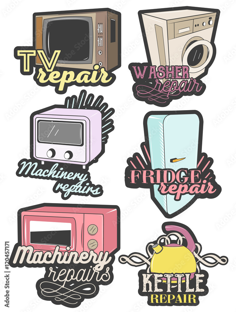 Vector set of colorful home appliance repair emblems. Isolated logos ...