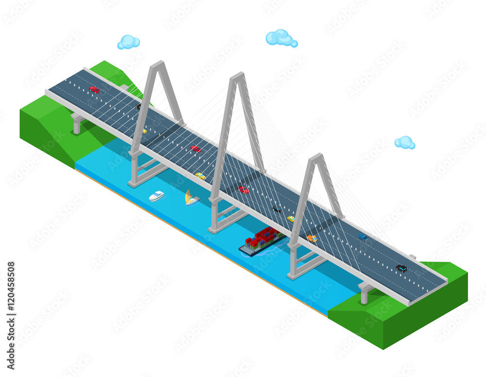 Isometric River Bridge with Ship Boat Highway and Cars. Flat 3d Vector ...